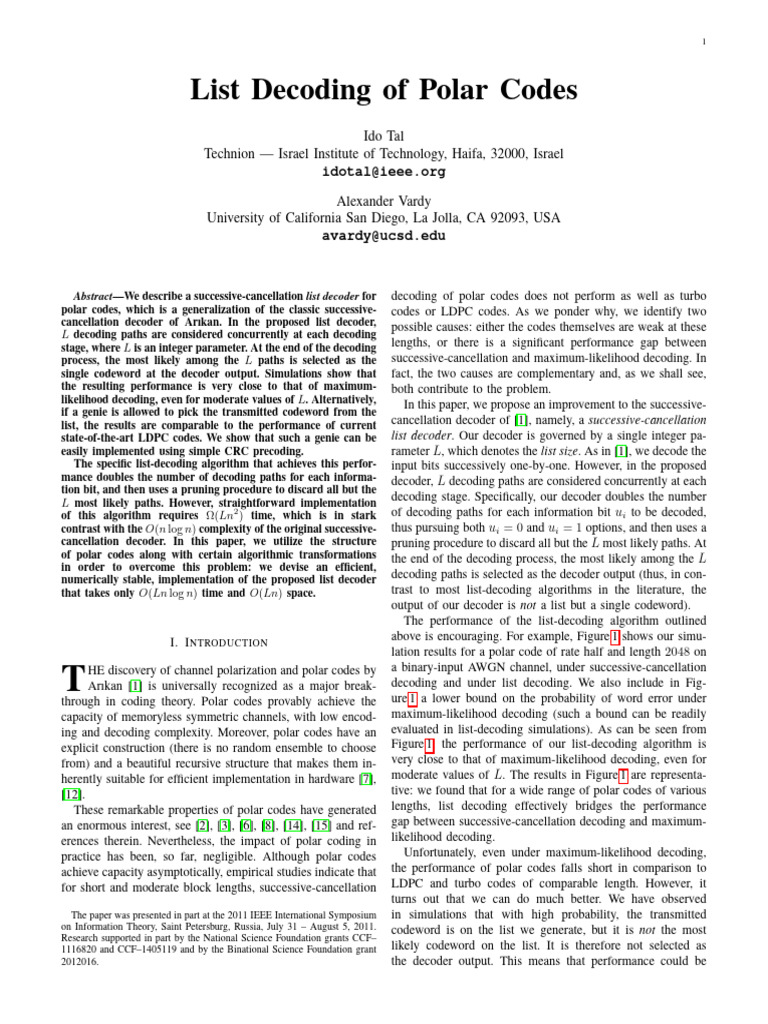 Paper - 2011 - List Decoding of Polar Codes - Ido Tal | PDF | Low Density Parity Check Code ...