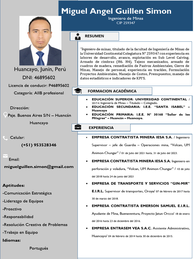 CV Miguel Angel Guillen Simon Corregido | PDF | Minería | Ingeniería