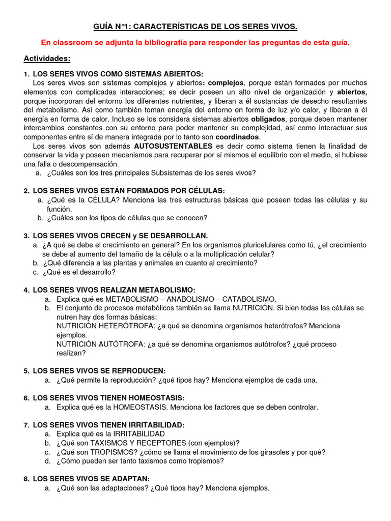 Guía N°1 Características de Los Seres Vivos | PDF | Organismos ...