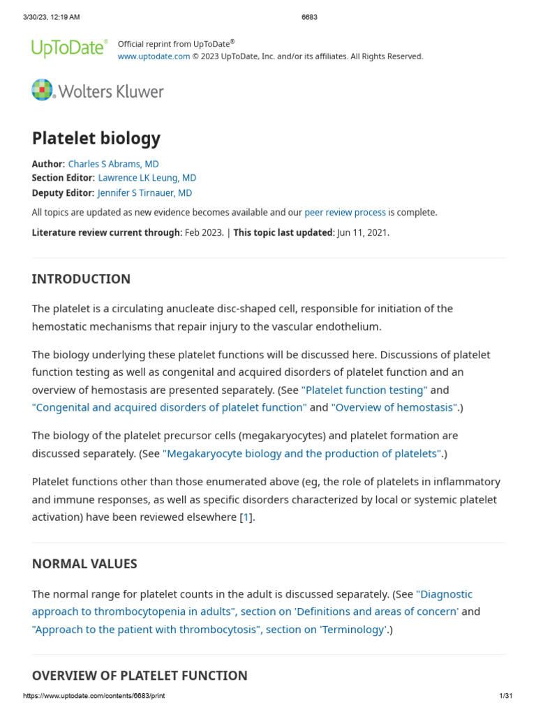 Platelet Biology (Uptodate) | Download Free PDF | Platelet | Coagulation