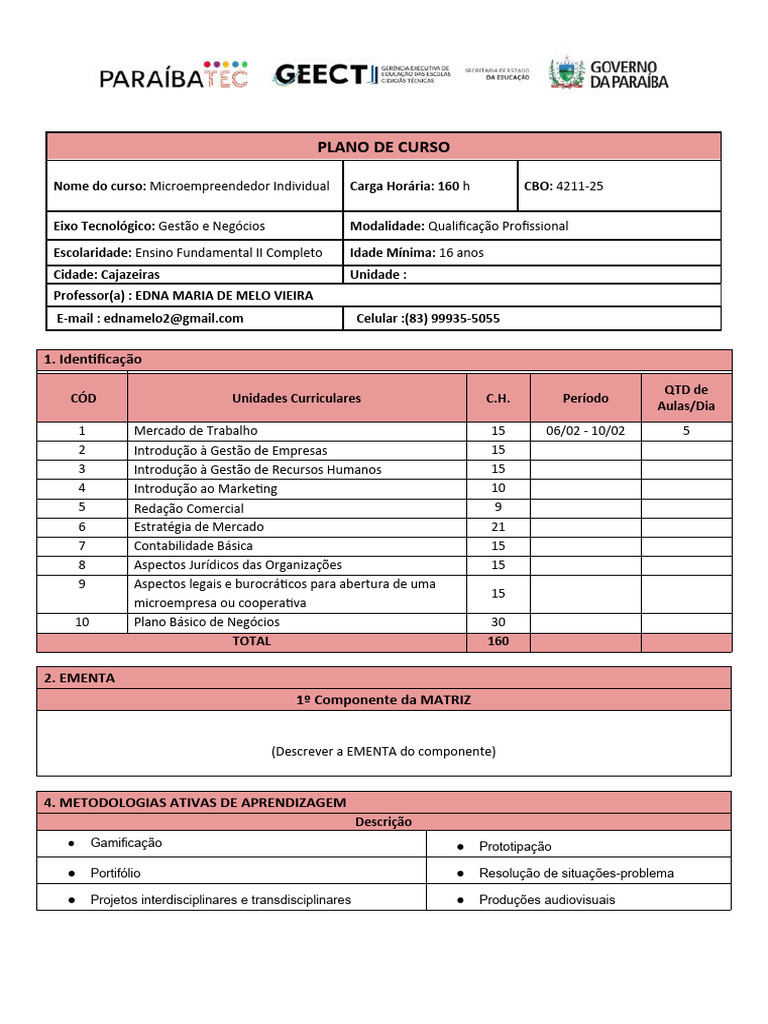 EDNA VIEIRA - Documento - Modelo Plano de Curso | PDF