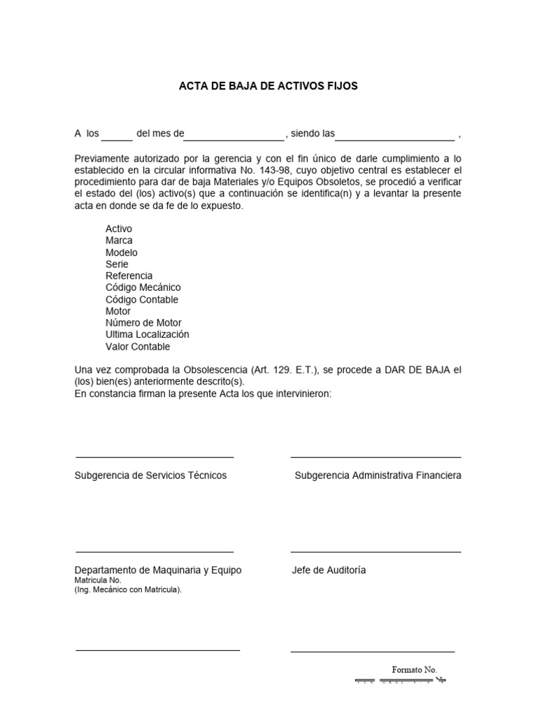 Acta de Baja de Activos Fijos | PDF