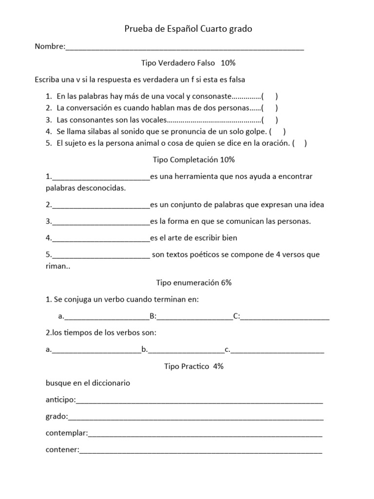 Prueba de Español Cuarto grado | PDF
