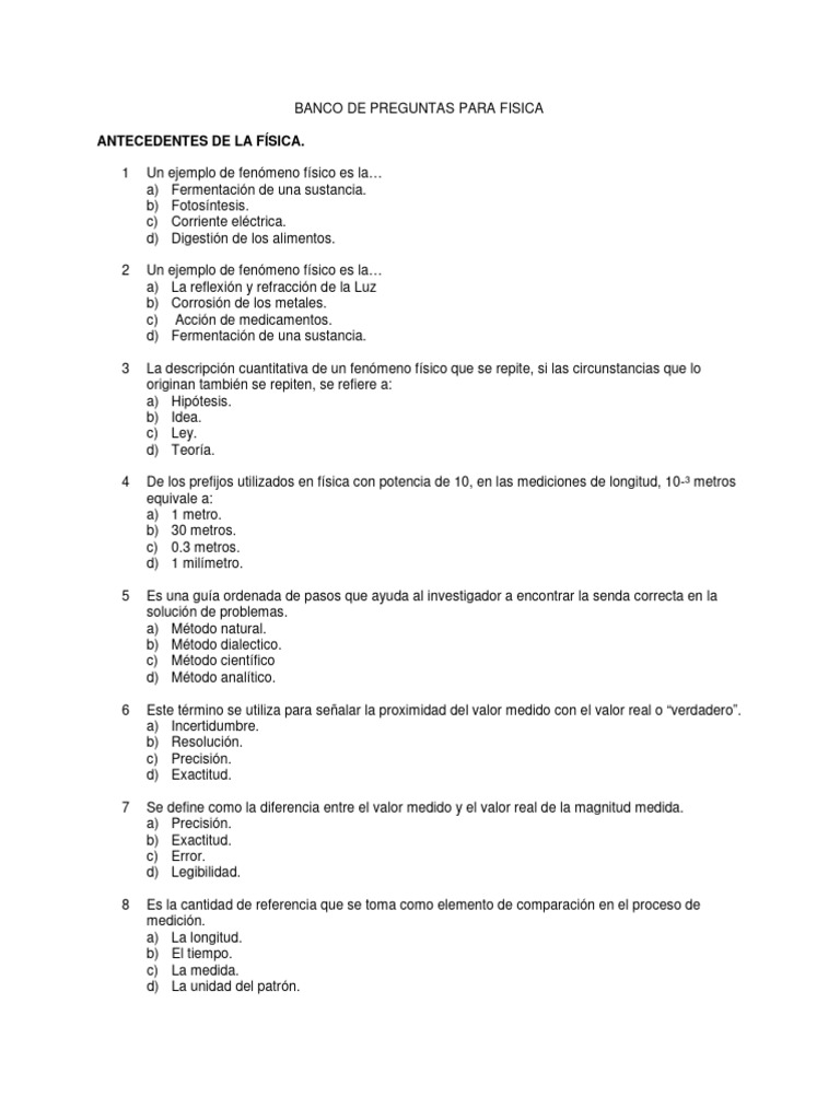 Banco de Preguntas Fisica - Basico | PDF | Exactitud y precisión | Medición