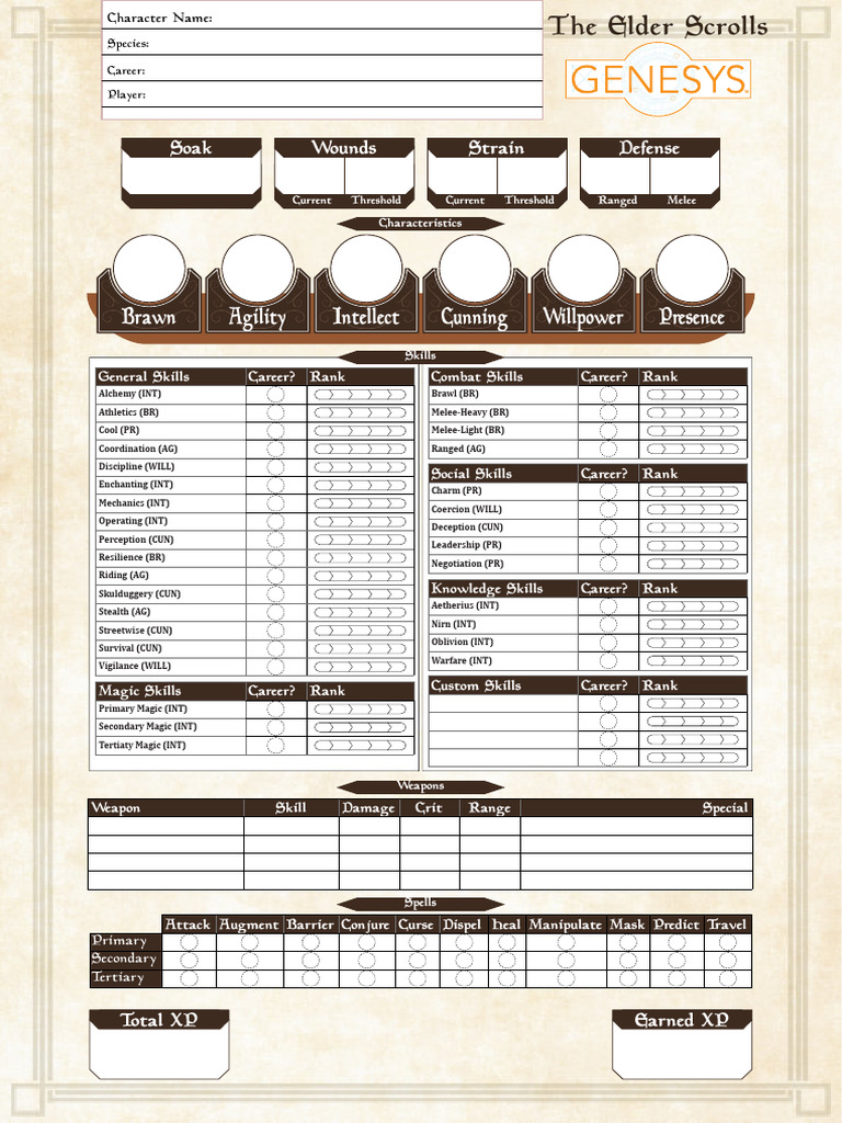 Elder Scrolls Character Sheet Form Fillable Version | PDF