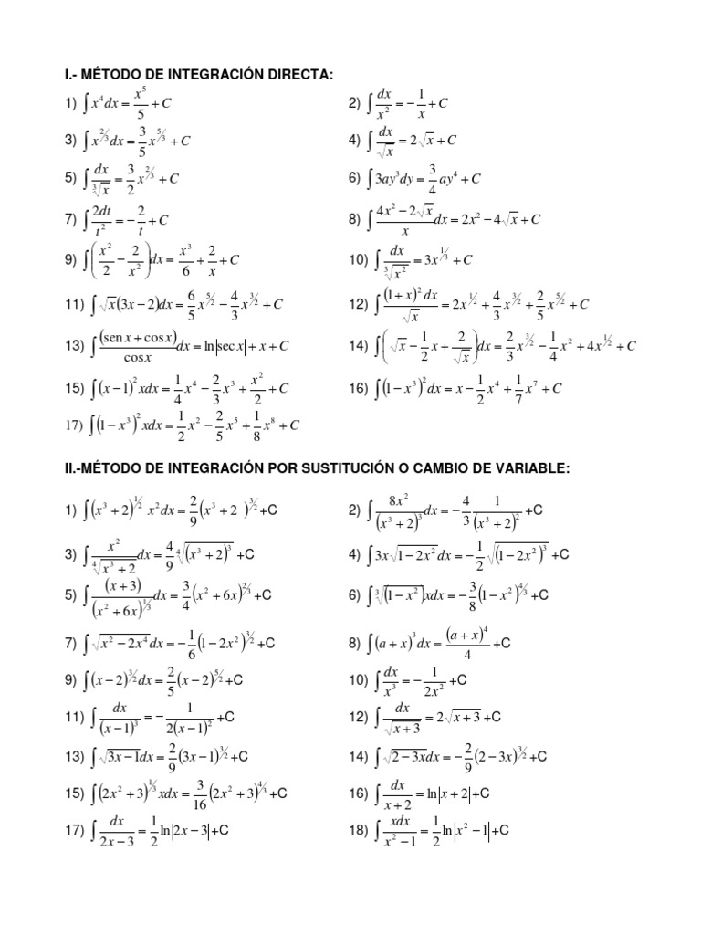 Guía Integral Directa y Cambio de Variable | PDF