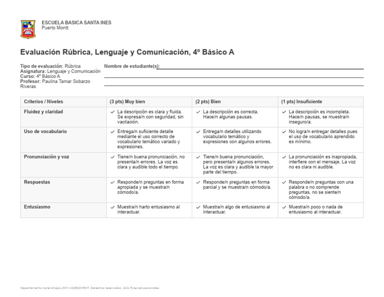 Evaluacion Rubrica Lenguaje y Comunicacion 4o Basico A 5607980 | PDF ...