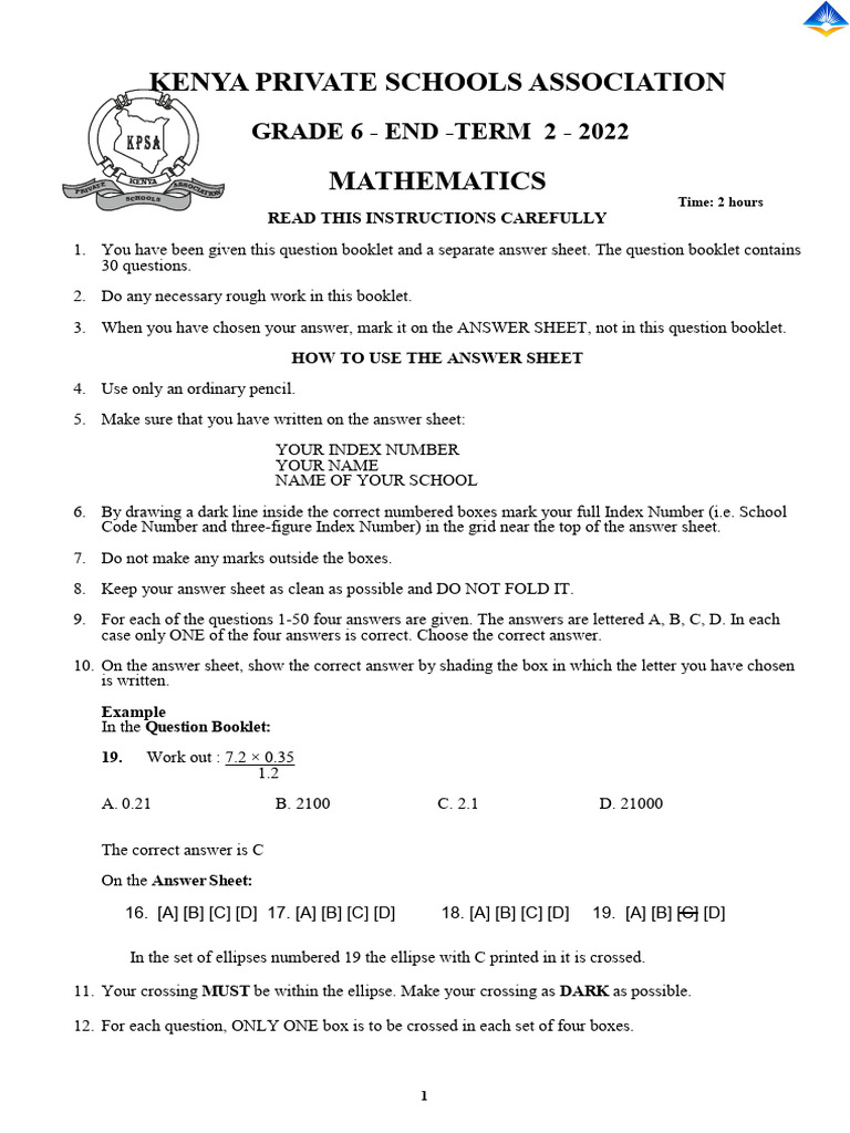 Mathematics GRADE 6 KPSA | PDF | Numbers | Arithmetic
