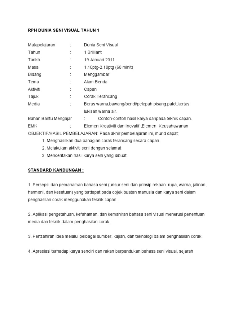 RPH Dunia Seni Visual Tahun 1 | PDF