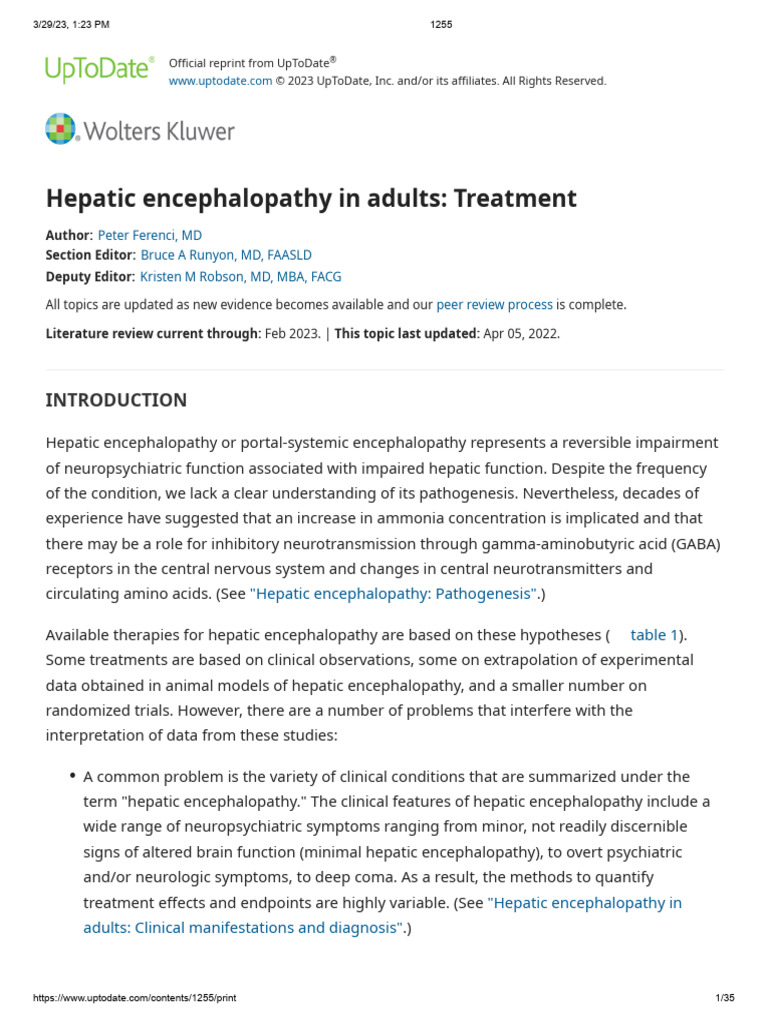 Hepatic Encephalopathy in Adults: Treatment (Uptodate) | PDF ...