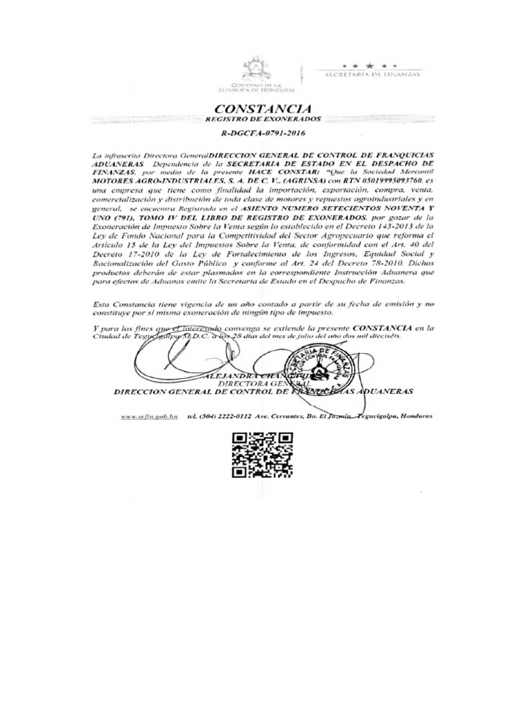 Constancia Registro de Exonerados AGRINSA | PDF