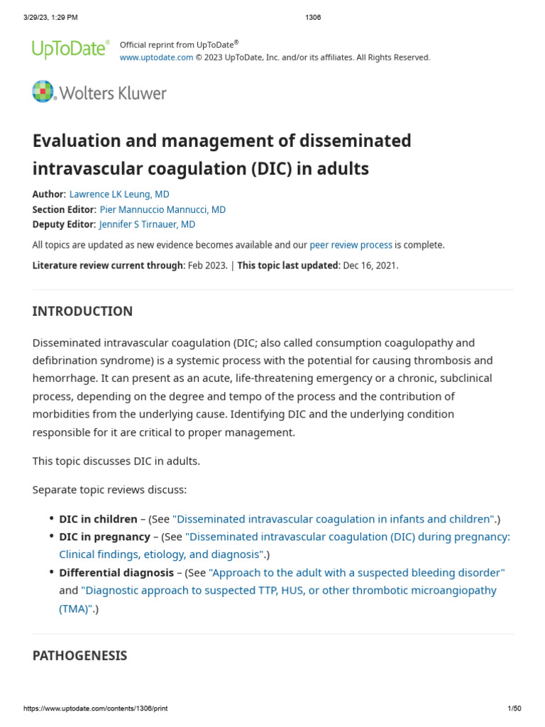 Evaluation and Management of Disseminated Intravascular Coagulation ...