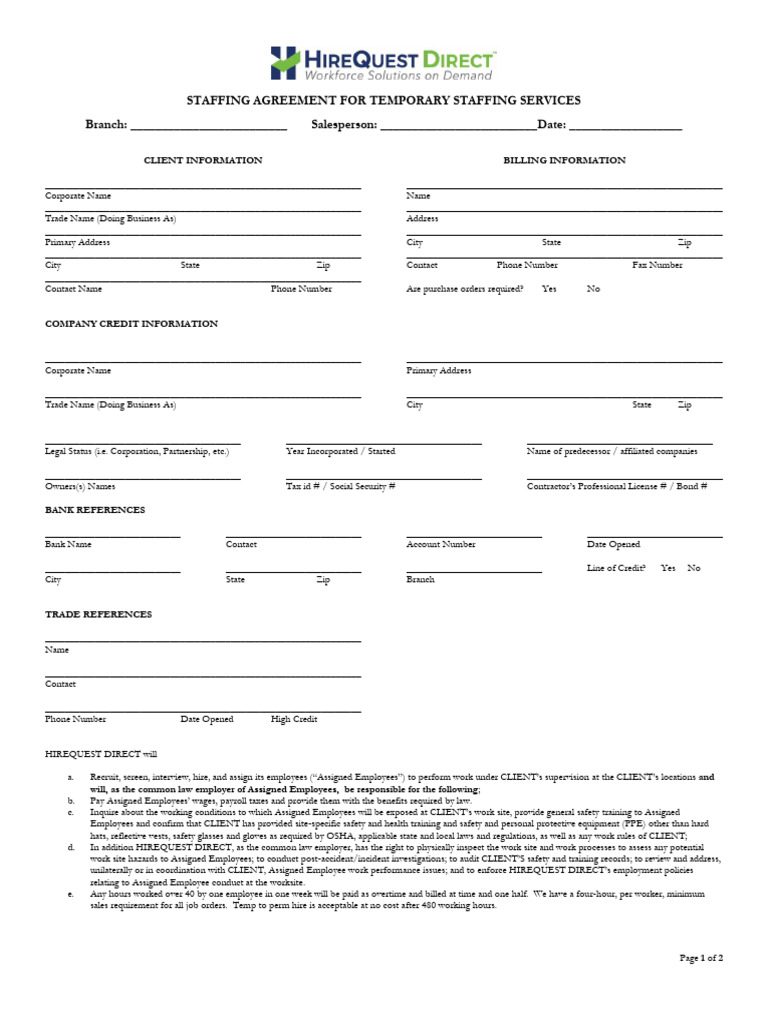 HireQuest Staffing Agreement Overview | PDF | Occupational Safety And ...
