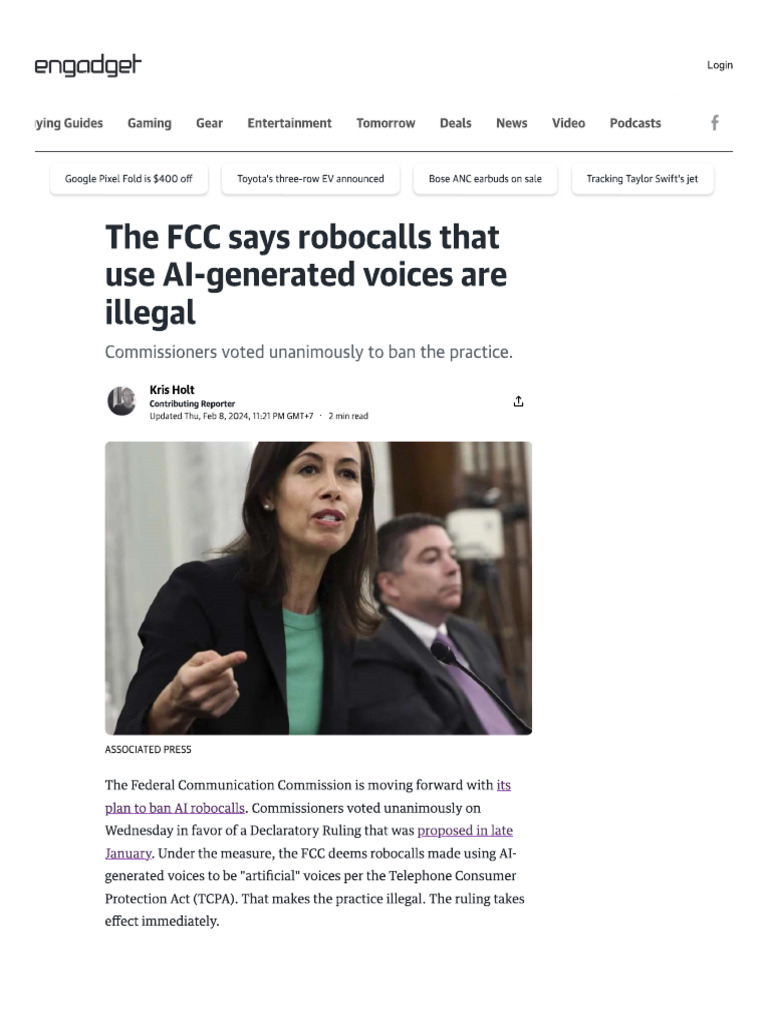 The FCC Says Robocalls That Use AI-generated Voices Are Illegal | PDF