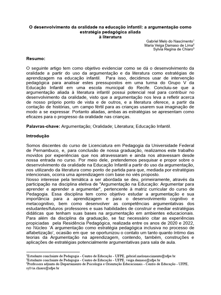 O Desenvolvimento Da Oralidade Na Educação Infantil - A Argumentação ... O Desenvolvimento Da Oralidade Na Educação Infantil - A Argumentação ...