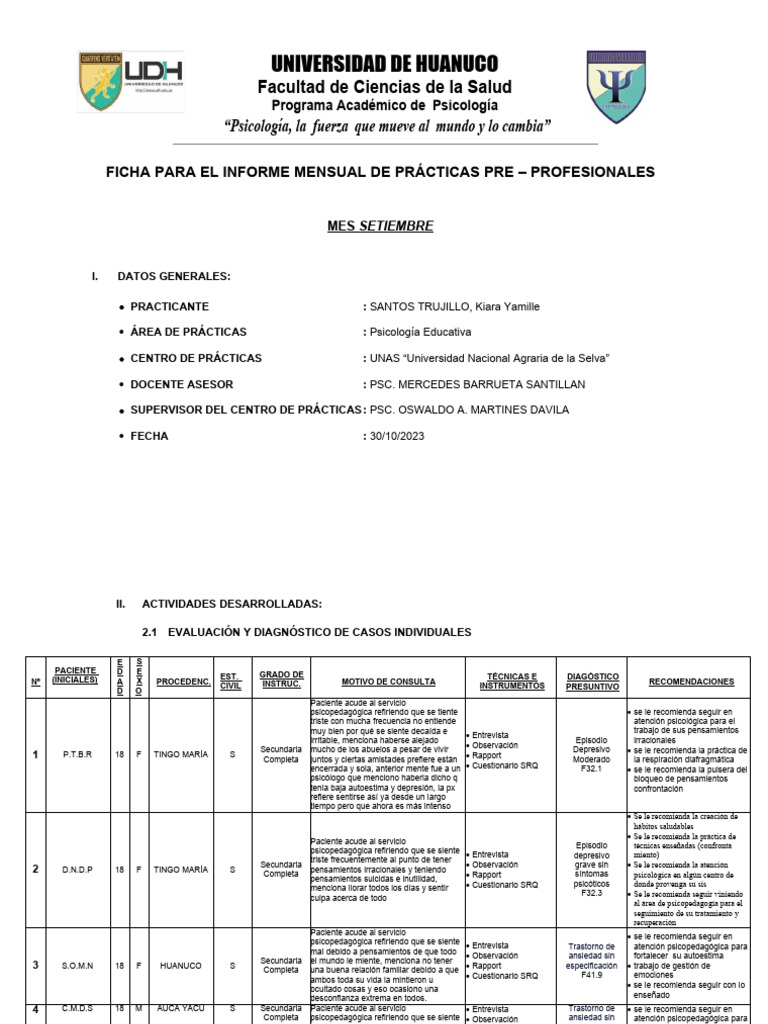 Inf Mensual de Prácticas - Ult. Setiembre | PDF | Ansiedad | Sicología