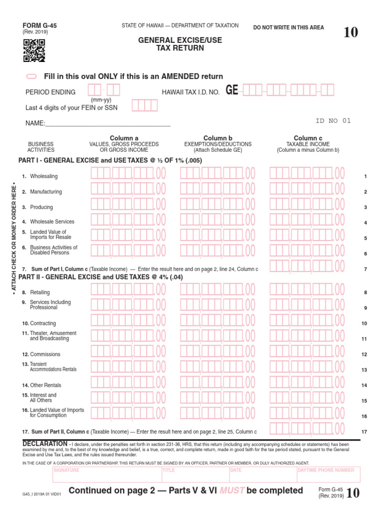 General Excise/Use Tax Return: Continued On Page 2 - Parts V & VI Be ...