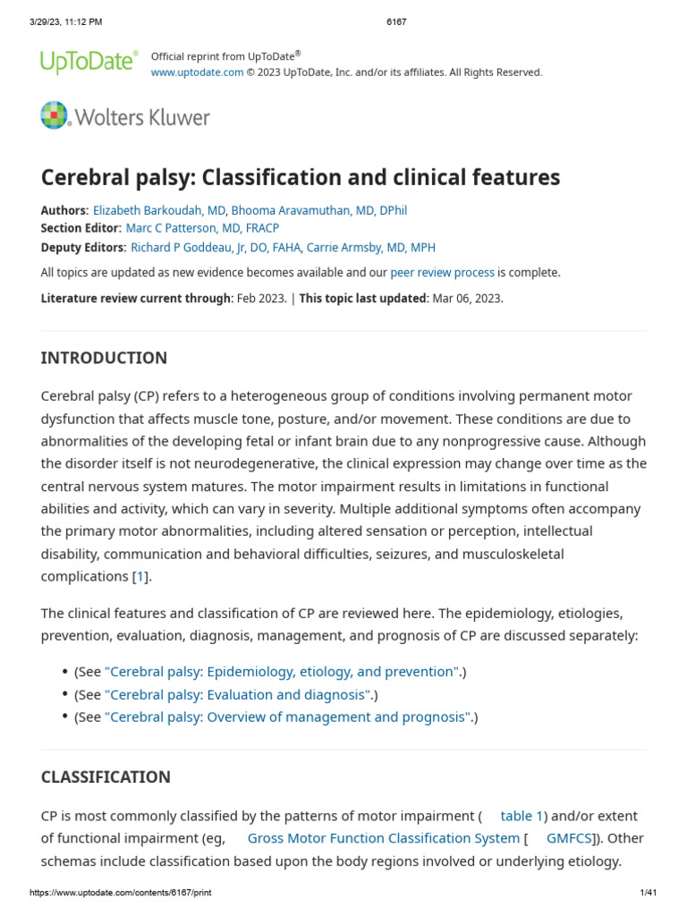 Cerebral palsy: Classification and clinical features | PDF | Urinary ...