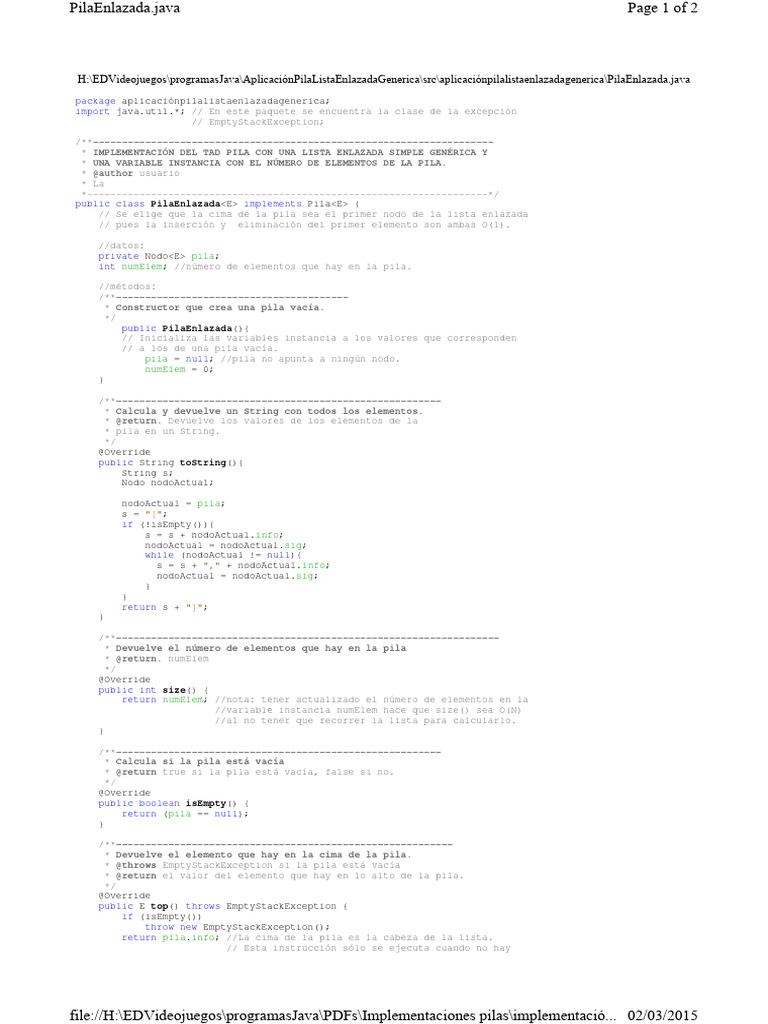 Pila Enlazada | PDF | Java (lenguaje de programación) | Métodos formales