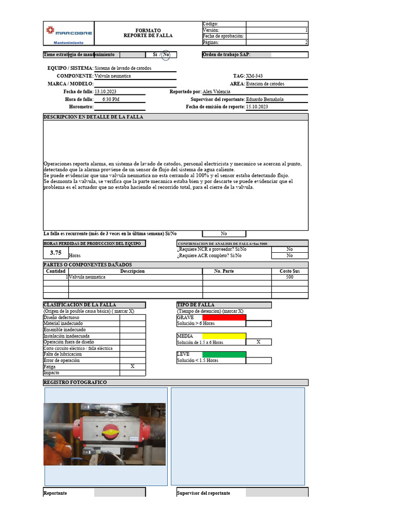 Reporte de Falla - XM-343, Valvula Neumatica | PDF