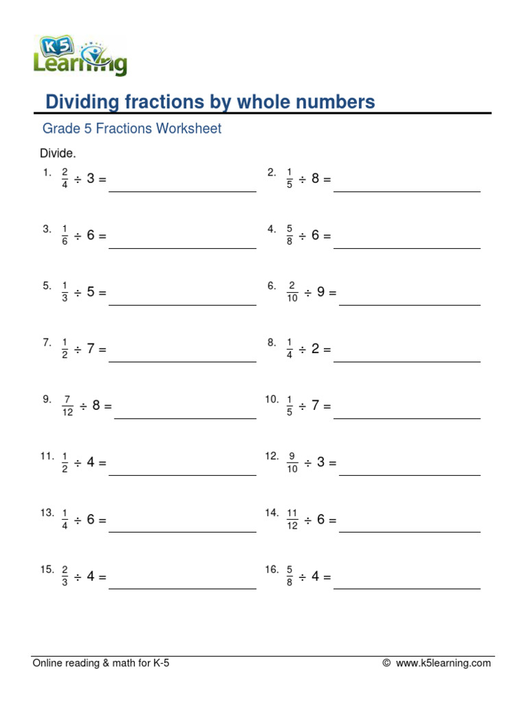 Grade 5 Divide Fractions by Whole Numbers A | PDF | Elementary ...