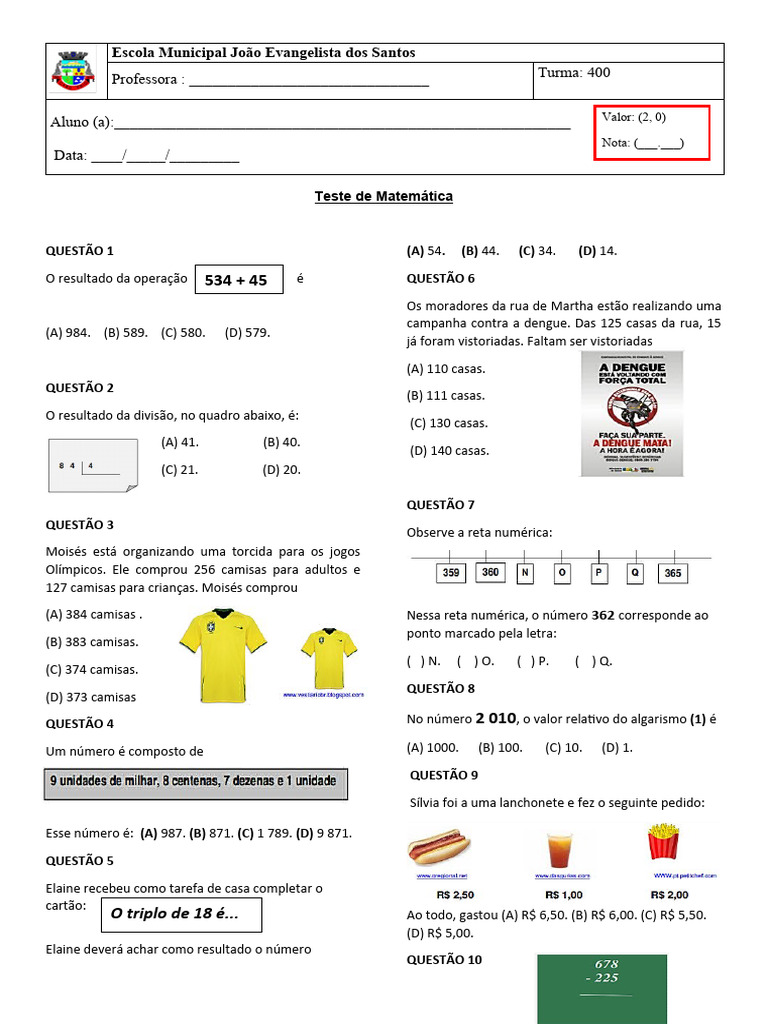Teste de Matemática para Turma 400 | PDF
