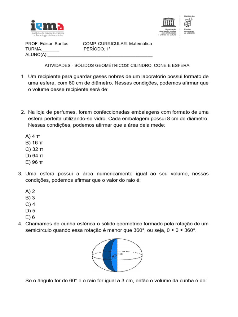 Atividades sobre Cilindro, Cone e Esfera | PDF | Esfera | Geometria Elementar