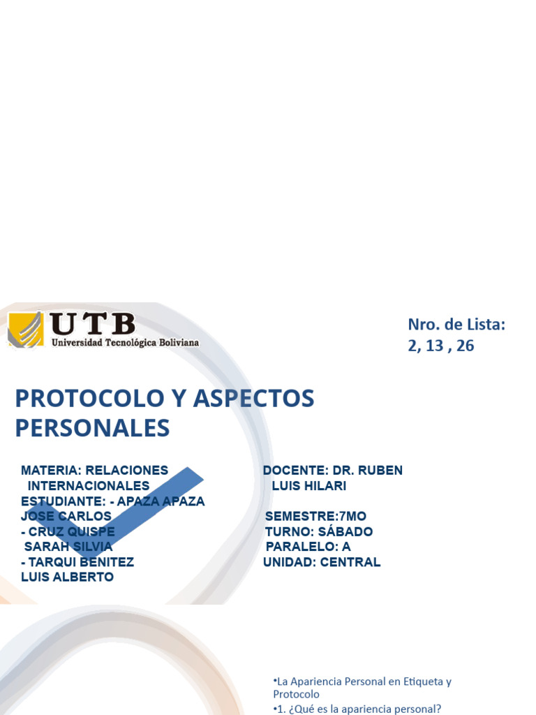 N° 2, 13, 26 - Tema - Protocolo y Aspectos Personales, Dp. | PDF | Pantalones | Etiqueta