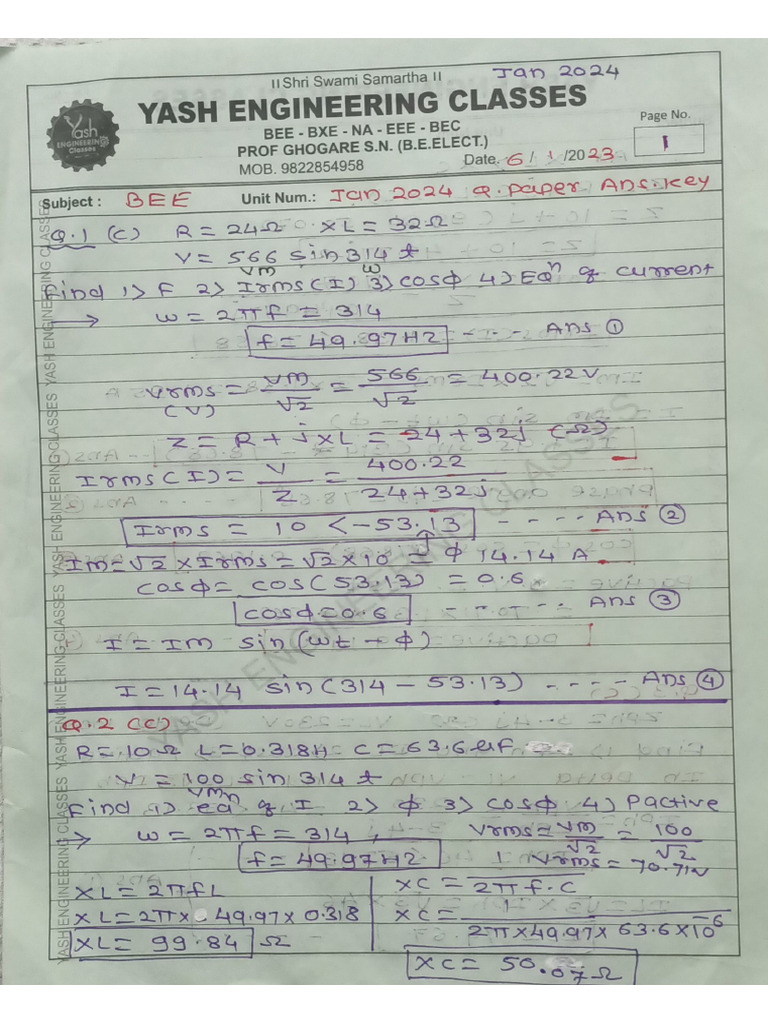 Jan 2024 BEE End Sem Ans key | PDF