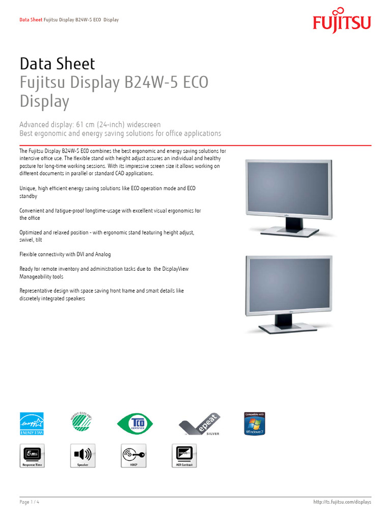 Fujitsu Display B24W-5 ECO Display: Data Sheet | PDF | Display ...