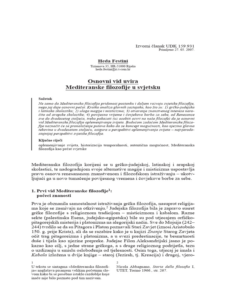 Festini, Heda - Osnovni Vid Uvira Mediteranske Filozofije U Svjetsku, 2007 | PDF