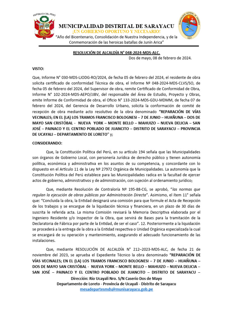 Resolucion Alcaldia #48-2024-Mds-Alc, Conformacion de Comite Recepcion de La Obra Reparacion ...