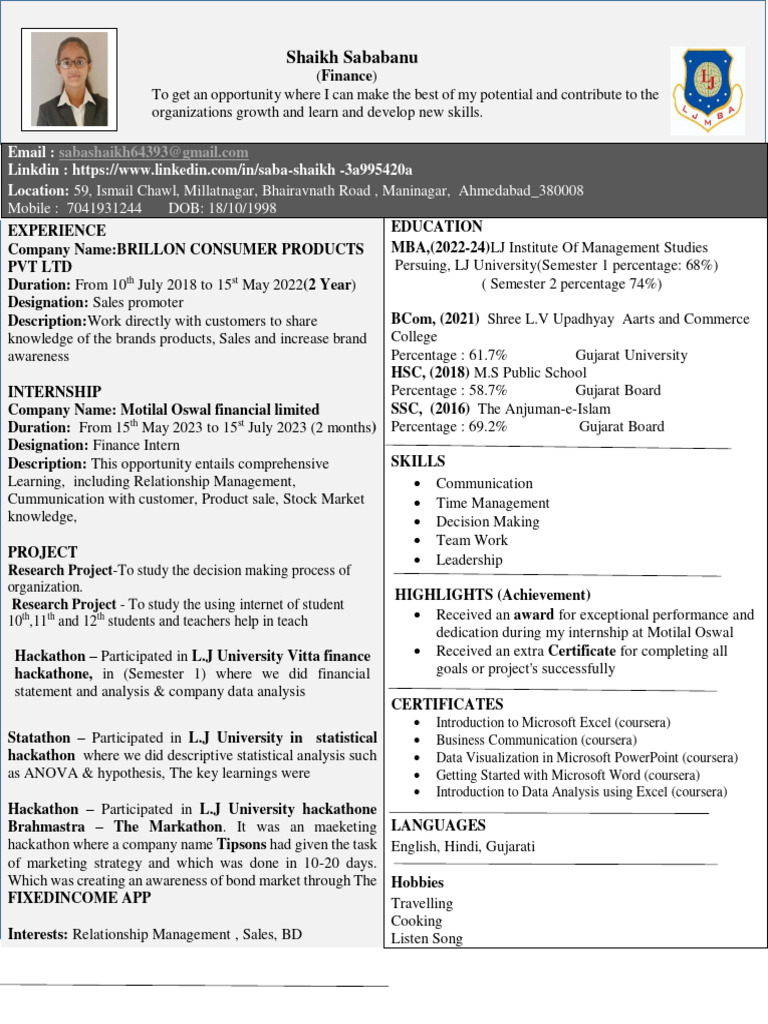 CV SABA Shaikh-1 | Download Free PDF | Business | Business Economics
