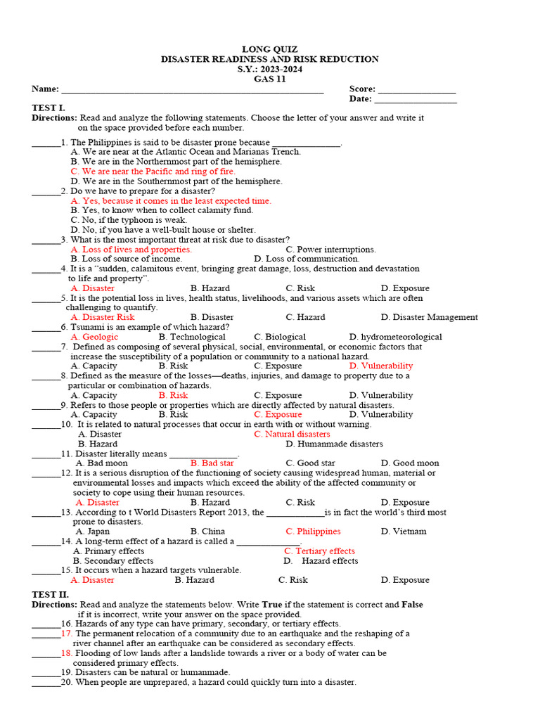 Disaster Readiness Quiz for GAS 11 | PDF | Hazards | Natural Disasters