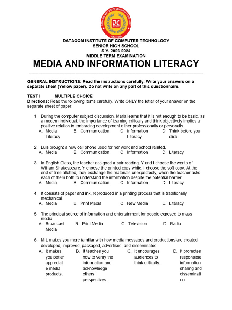 MIL EXAM 3rd Quarter Exam L | PDF | Mass Media | Media (Communication)