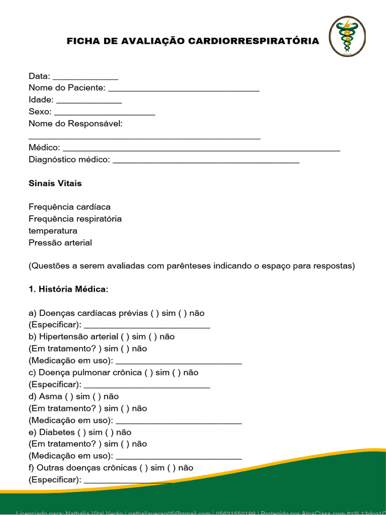 Ficha de Avaliacao Cardiorrespiratoria | PDF | Doença de obstrução ...