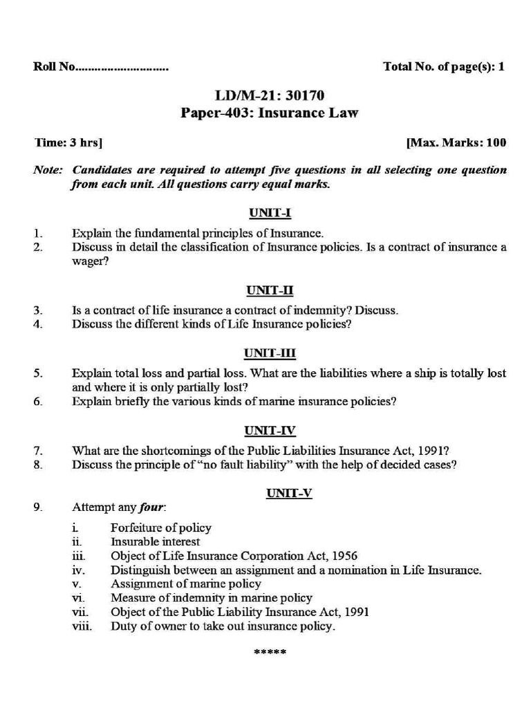 Insurance Law PAPER 2021 | PDF