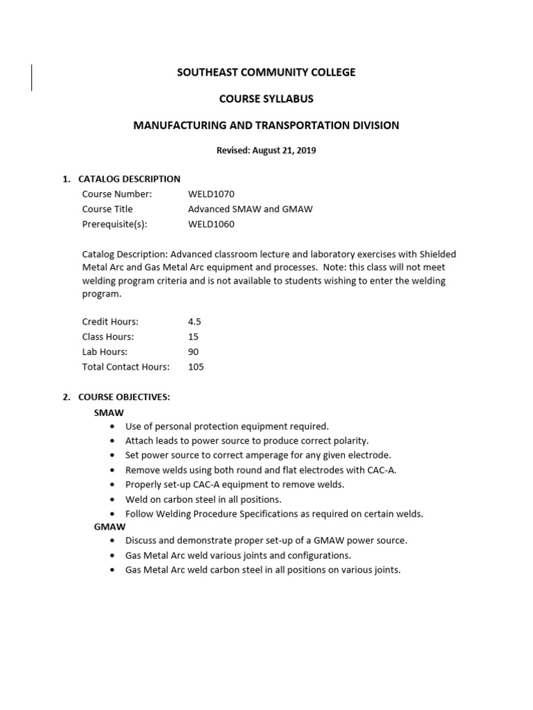 Weld1070 Advanced Smaw Gmaw Syllabus | PDF | Welding | Construction
