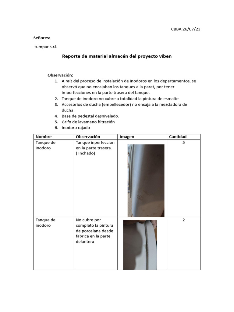Informe de Defectos en Materiales | PDF | Hogar, jardinería y bricolaje