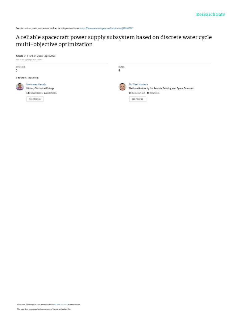 A Reliable Spacecraft Power Supply Subsystem Based On Discrete Water Cycle Multi-Objective ...
