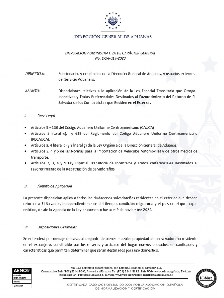 DACG DGA 013 2023 Aplicación de La Ley Especial Que Otorga Beneficios Al Retorno de Salvadoreños ...