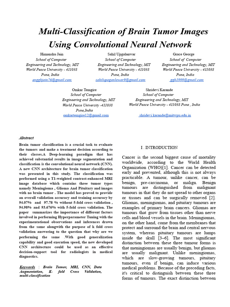 Multi-Classification of Brain Tumor Images Using Convolutional Neural Network - IEEE | PDF ...