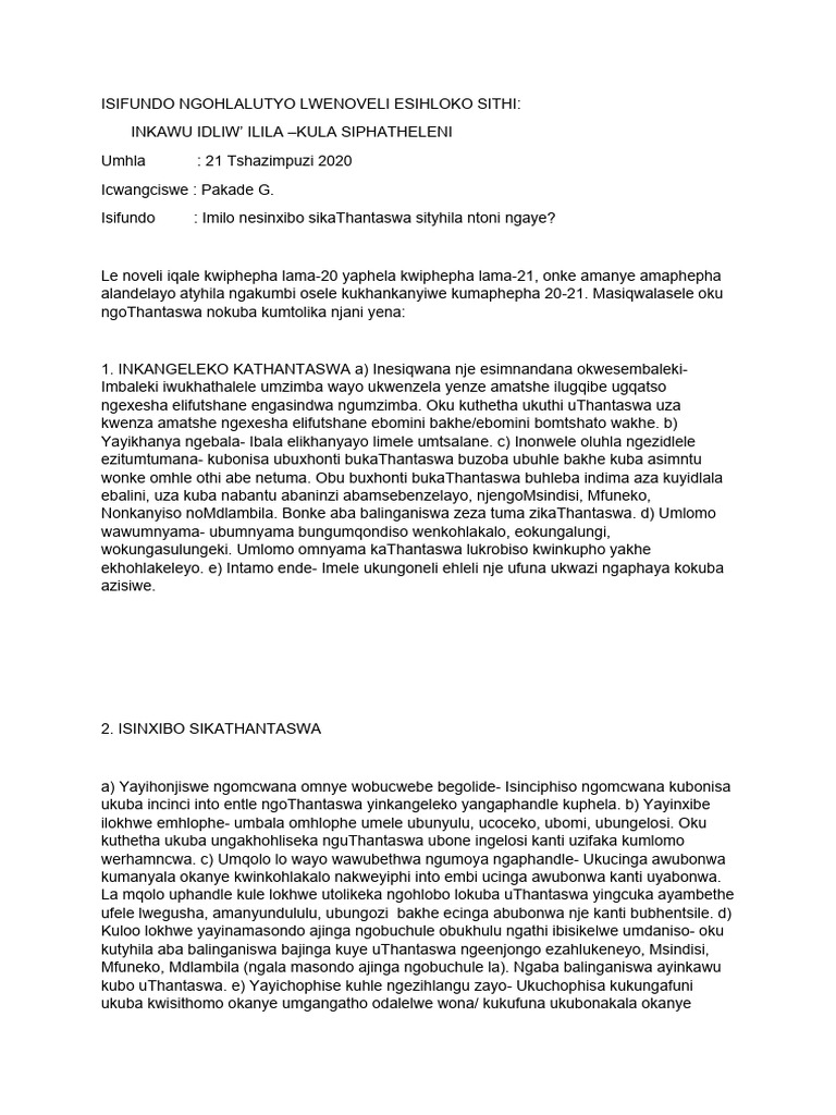 Isixhosa HL Grade 12 Novel - Wenene Inkaw'idliwilila - Notes | PDF ...