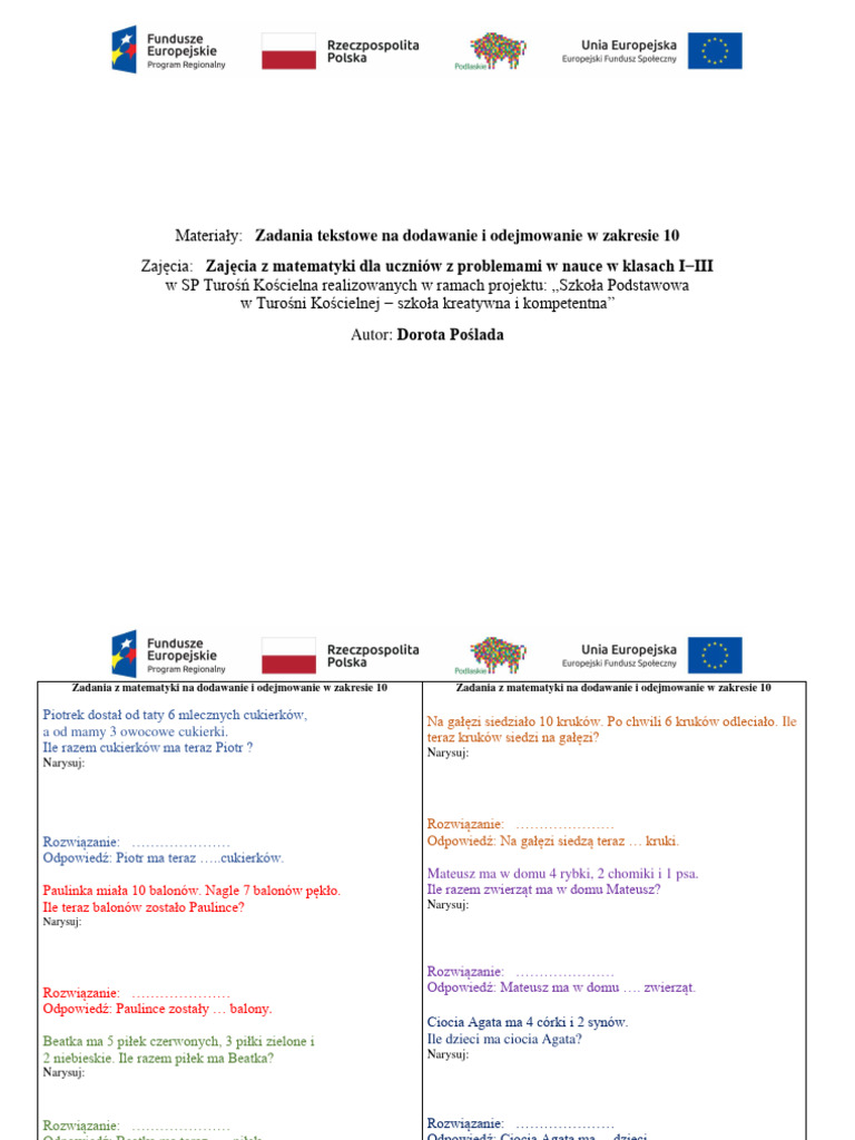 Zajecia Z Matematyki Dla Uczniow Z Problemami W Nauce W Klasach IIII | PDF