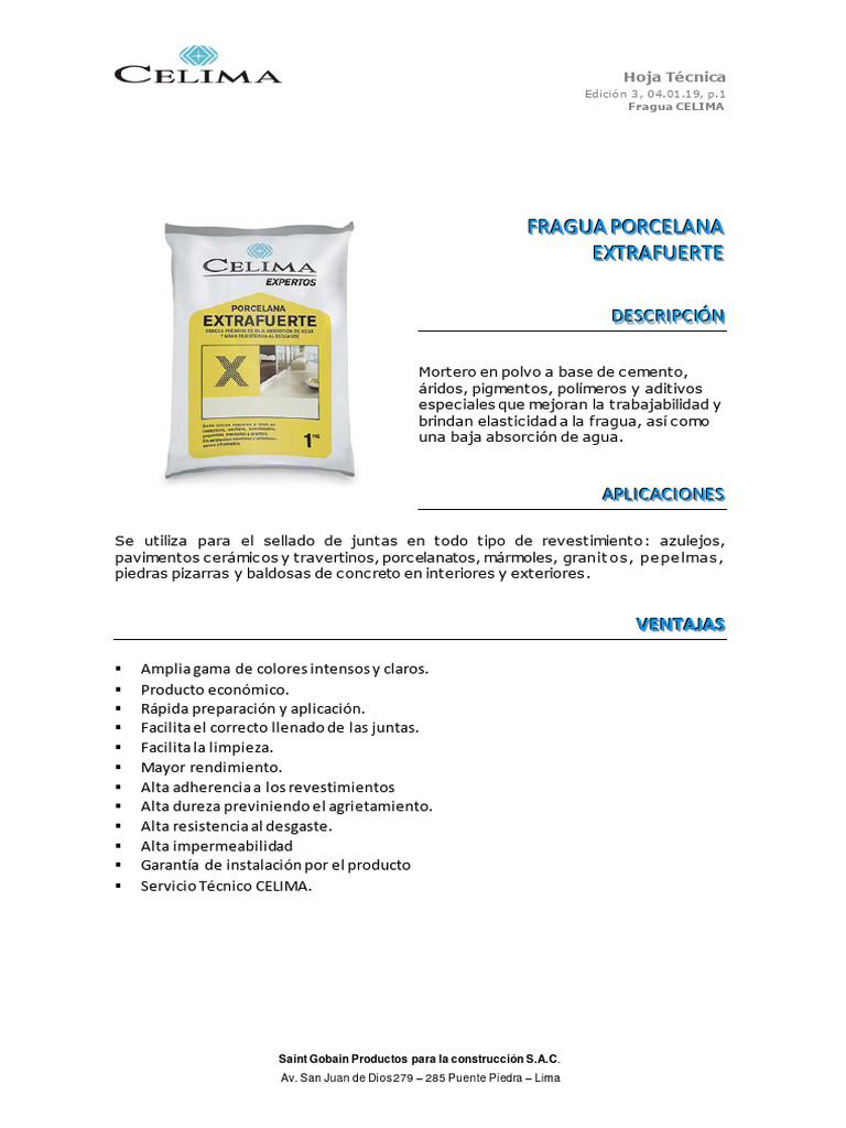 Fragua Porcelana Extrafuerte CELIMA | PDF | Mortero (Albañilería) | Loseta