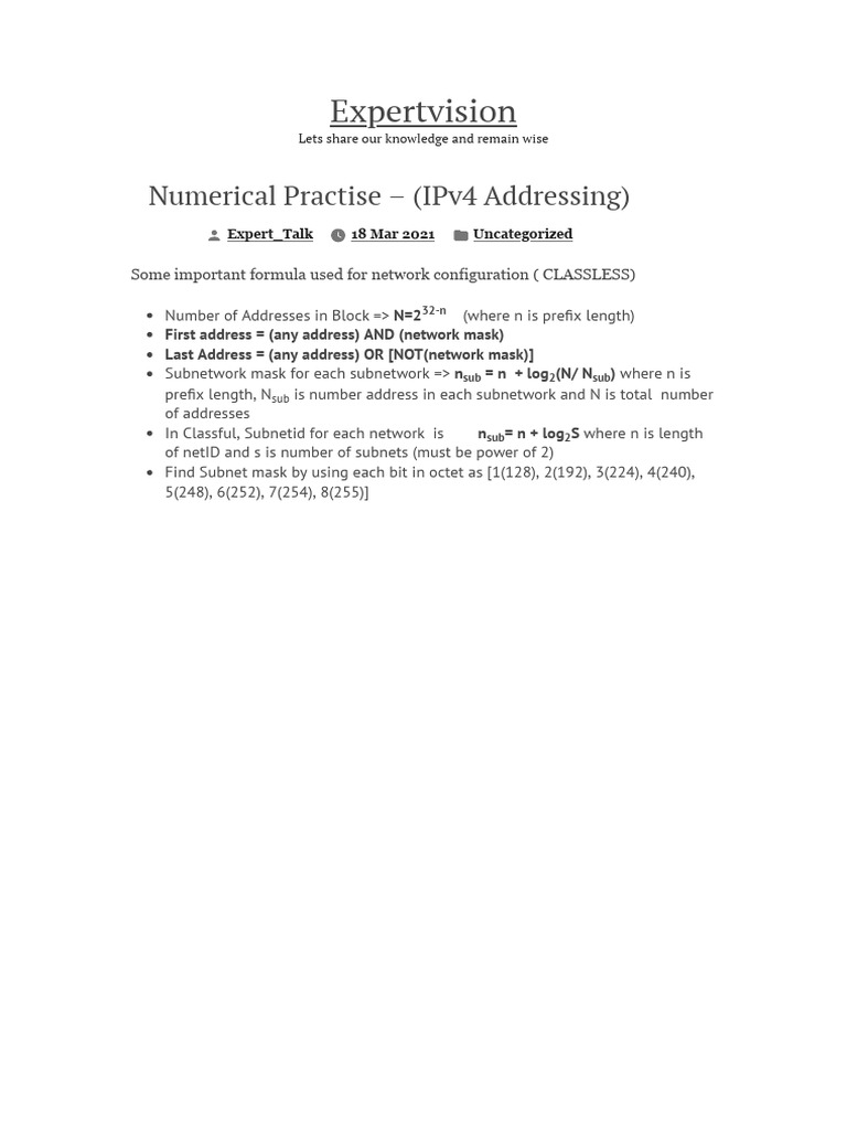 Numerical Practise IPv4 Addressing Expertvision | PDF | Ip Address | Network Layer Protocols
