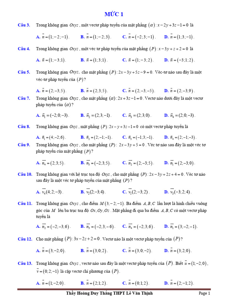 Véc tơ pháp tuyến của mpMức 1Đề1 | PDF