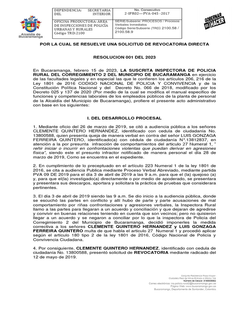 Resolucion de Revocatoria Directa Proceso Pva 009 de 2019 | PDF ...