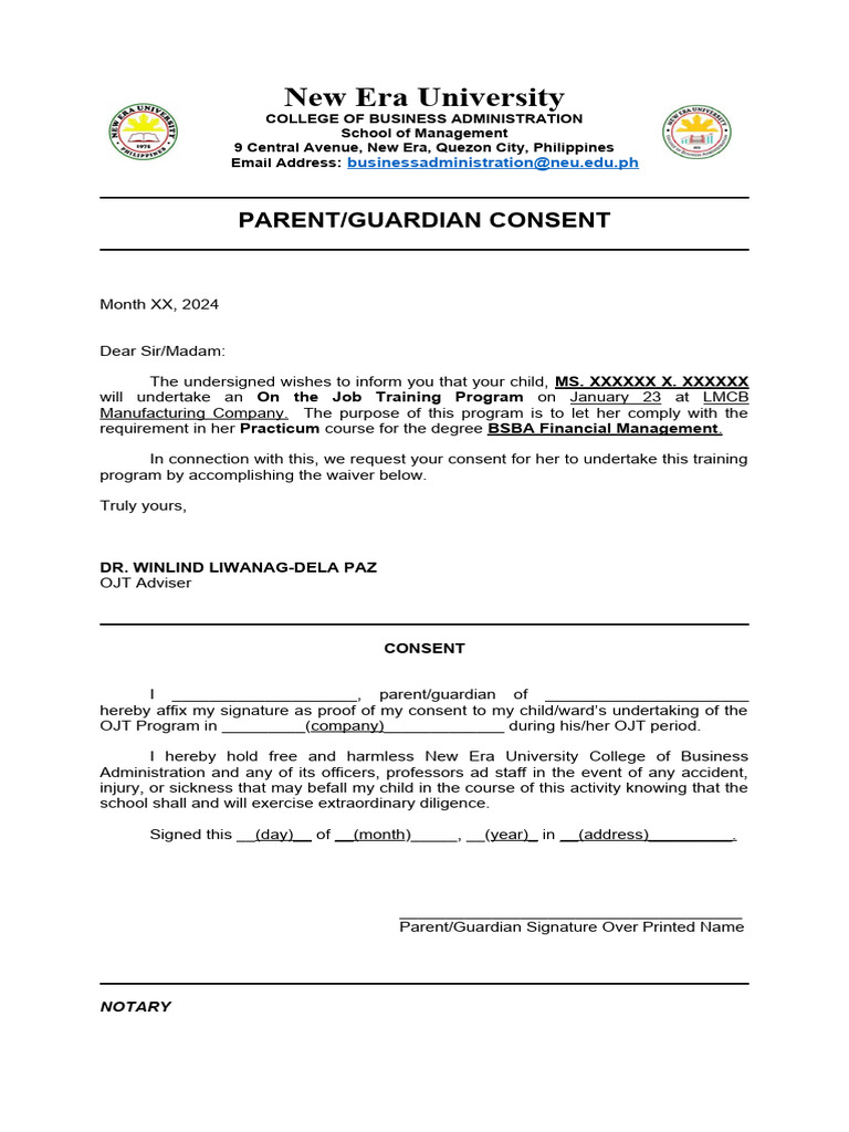 Ojt Parents Parent Guardian Consent 2024 | PDF