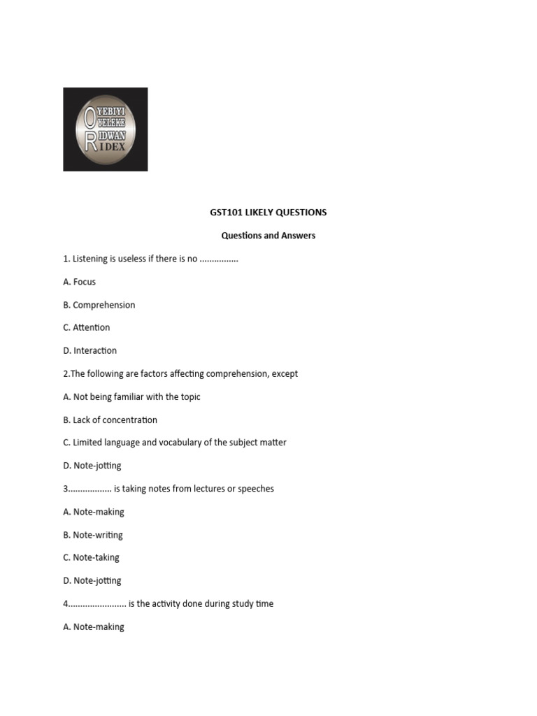GST101 Past Questions & Answers 2023 | PDF | Speed Reading | Cognition